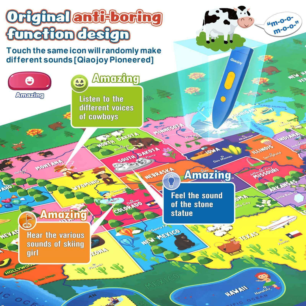 Qiaojoy V2 Interactive Kids Map Bilingual US Map